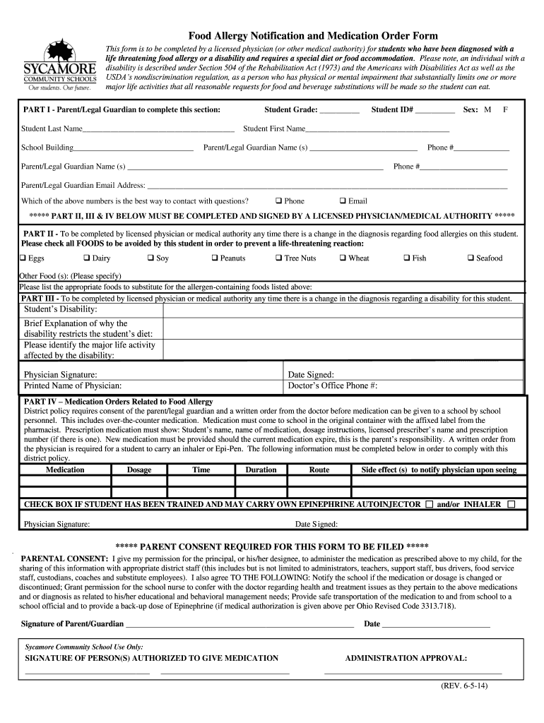 Fillable Online Food Allergy Notification and Medication Order Form (1 ...