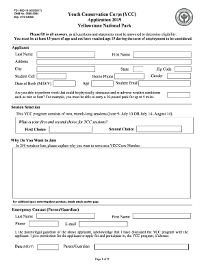 Fillable Online Youth Conservation Corps 2019 Yellowstone Application ...