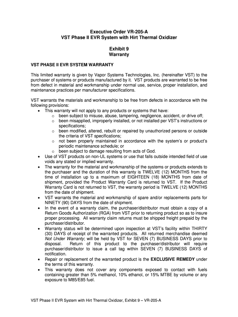 Fillable Online Executive Order VR-205-A VST Phase II EVR System with ...