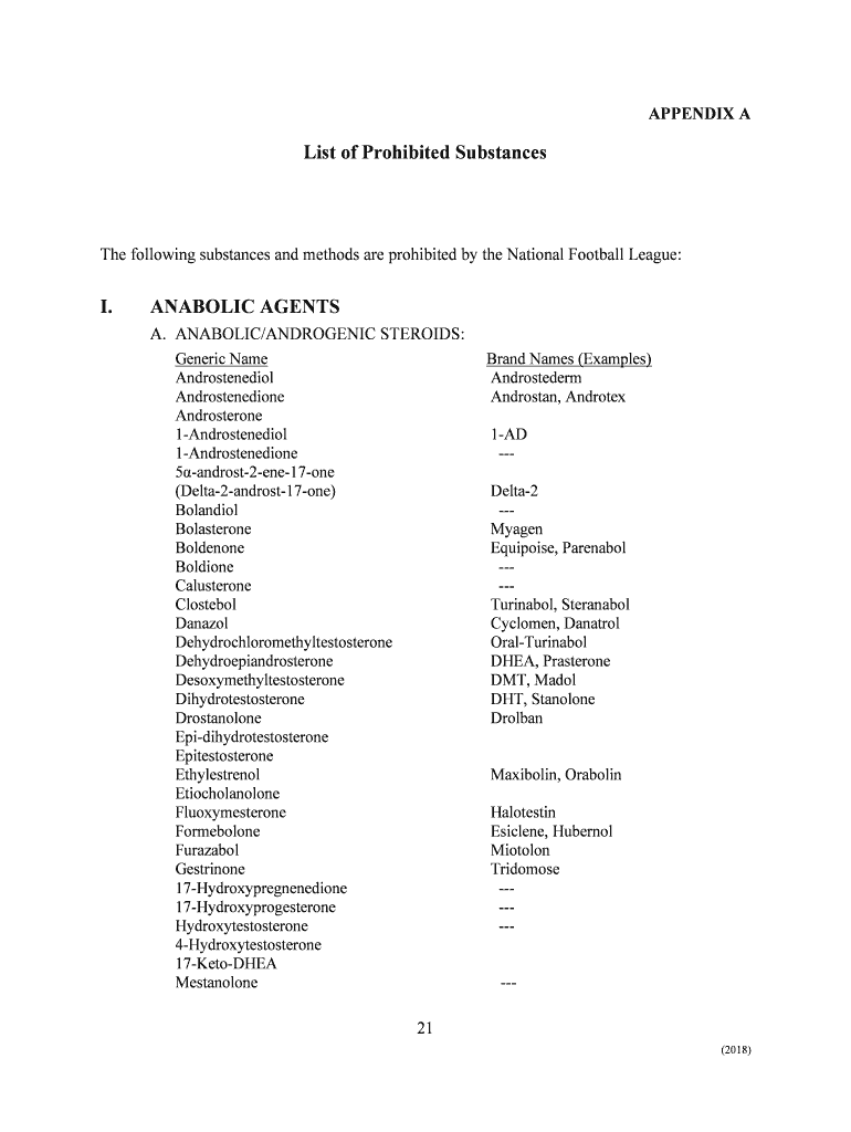 Fillable Online NFL List of Prohibited Substances I. ANABOLIC AGENTS ...