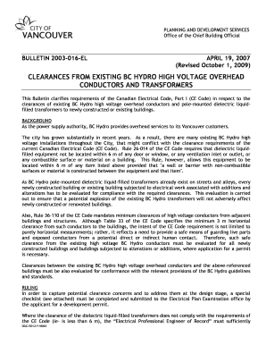 Fillable Online Checklist for BC Hydro clearances and Bulletin 2003-016 ...