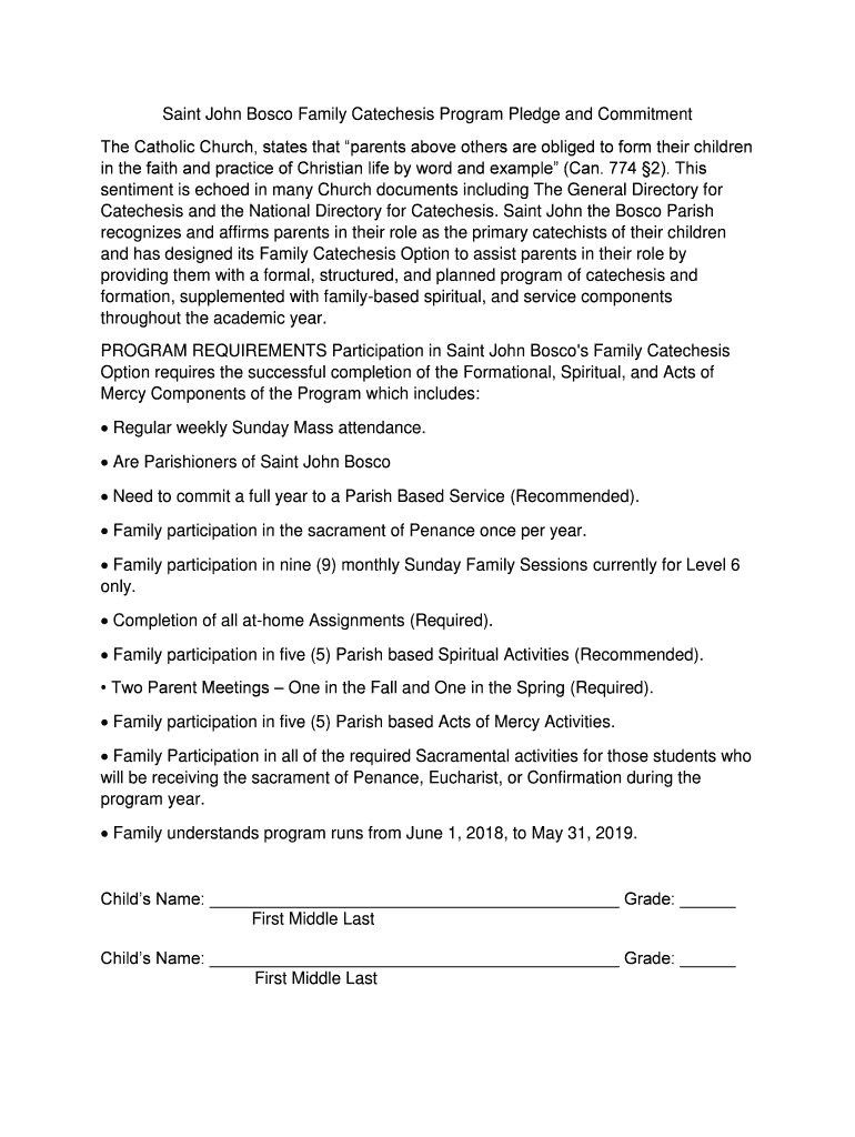 Fillable Online Saint John Bosco Family Catechesis Program Pledge and ...