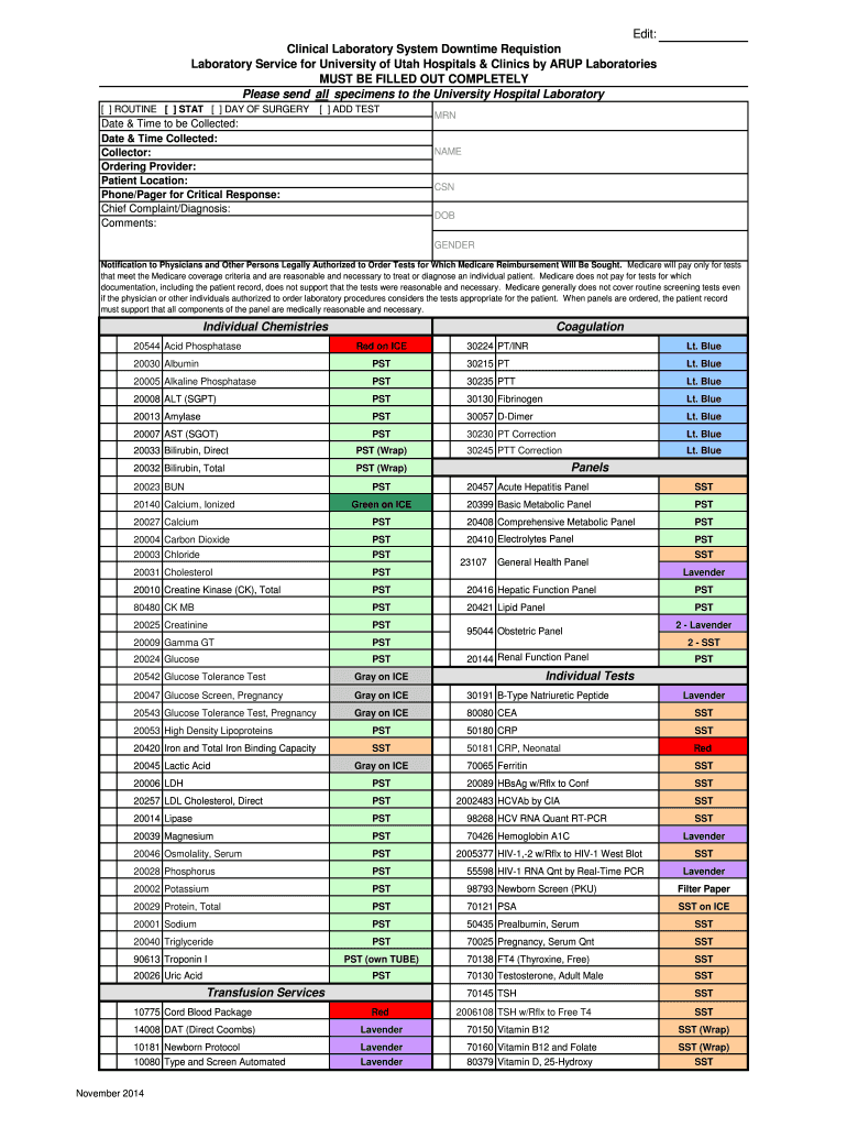 Fillable Online Edit: Individual Chemistries Coagulation Transfusion Services Panels ... Fax ...