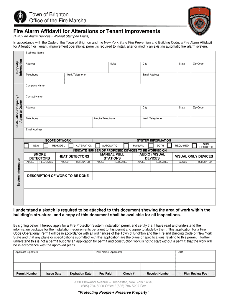 Fillable Online Fire Alarm Affidavit for Alterations or Tenant ...