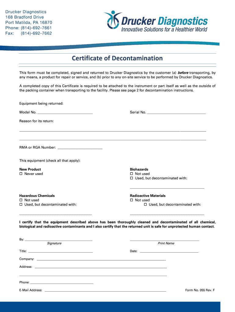 Fillable Online Certificate of Decontamination - druckerdiagnostics.com ...