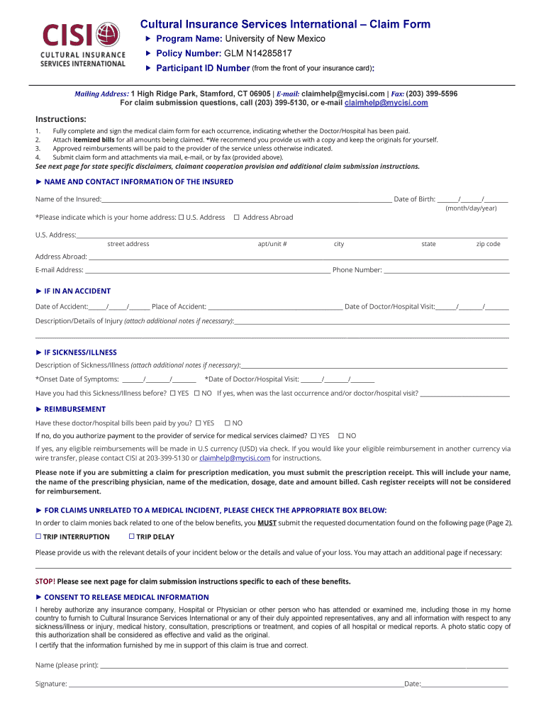 Fillable Online CISI CLAIM FORM Fax Email Print - pdfFiller