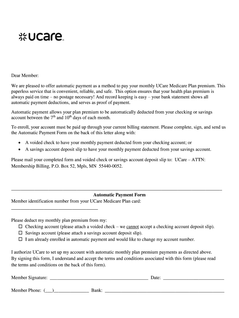 Fillable Online We are pleased to offer automatic payment as a method to pay your monthly UCare ...