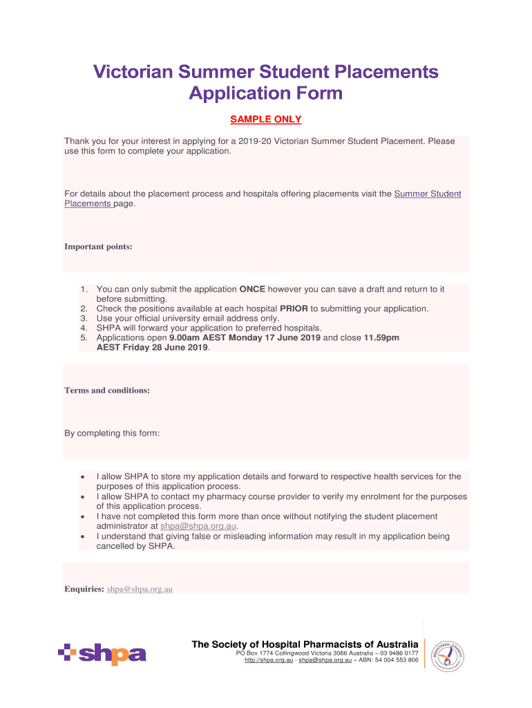 Fillable Online Victorian Summer Student Placements Application Form ...