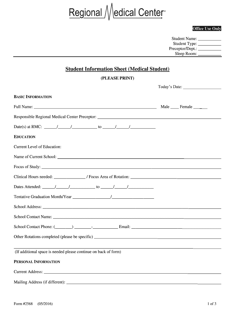 Fillable Online Student Information Sheet (Medical Student)2568 Fax ...