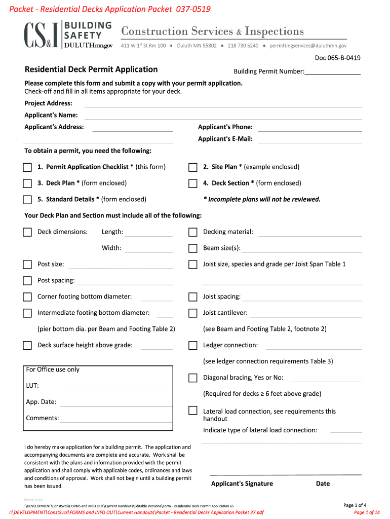 Fillable Online Residential Deck Permit Application Packet ...