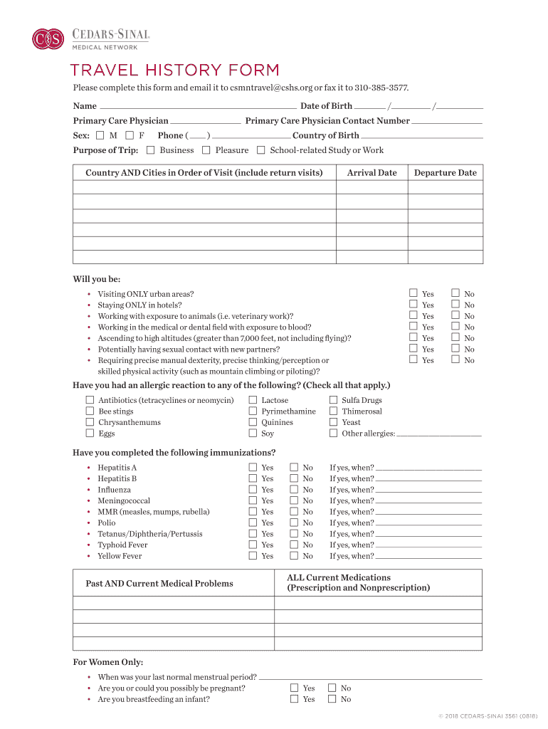 Fillable Online Travel History Form. Travel history form for patients ...
