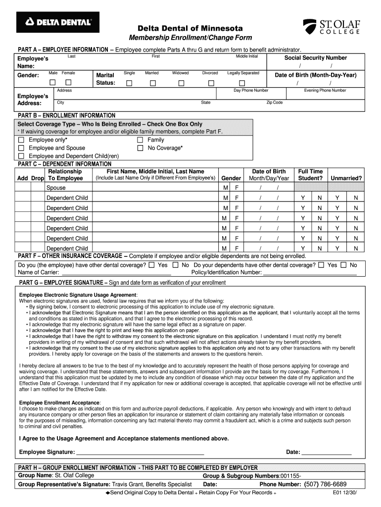 Fillable Online Delta Dental of Minnesota Membership Enrollment/Change Form Fax Email Print ...