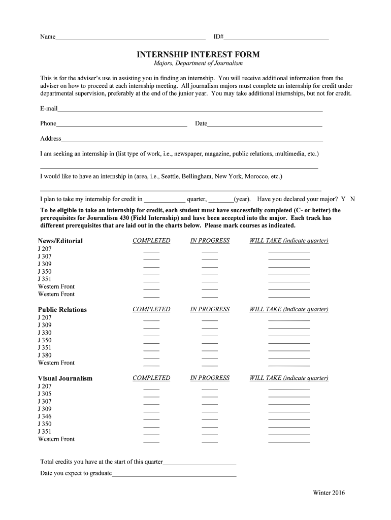 Fillable Online chss wwu Journalism Internship Interest Application ...