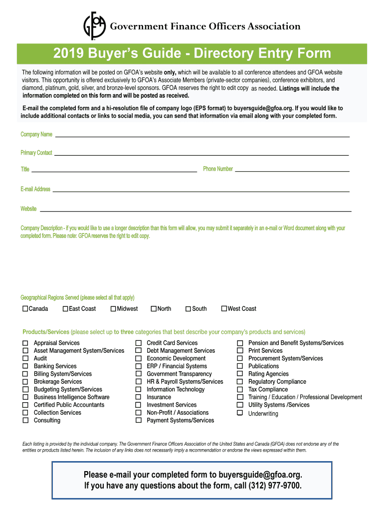Fillable Online 2019 Buyers Guide - Directory Entry Form Fax Email ...