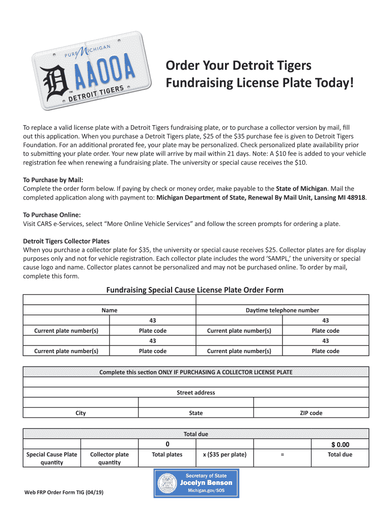 Fillable Online Order Your Detroit Tigers Fundraising License Plate ...