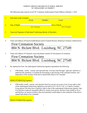 Fillable Online The following items must be on all NC Cremation ...