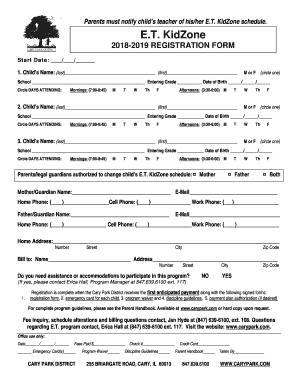 Fillable Online E.T. Registration Form 18-19 - carypark.com Fax Email ...