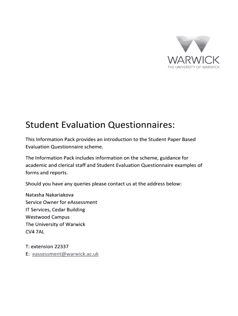 Fillable Online warwick ac Student Evaluation Questionnaires ...