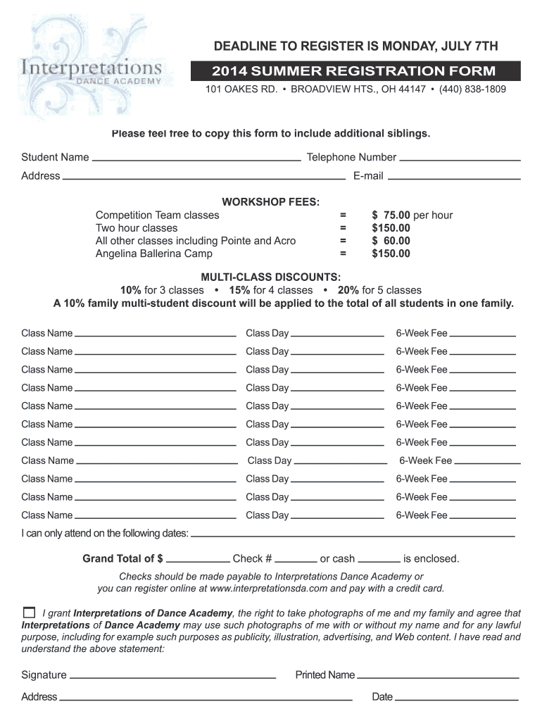 Fillable Online summer registration form. summer registration form Fax ...