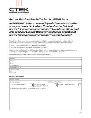 Fillable Online RMA Form, Print file001.indd - Ctek Fax Email Print ...