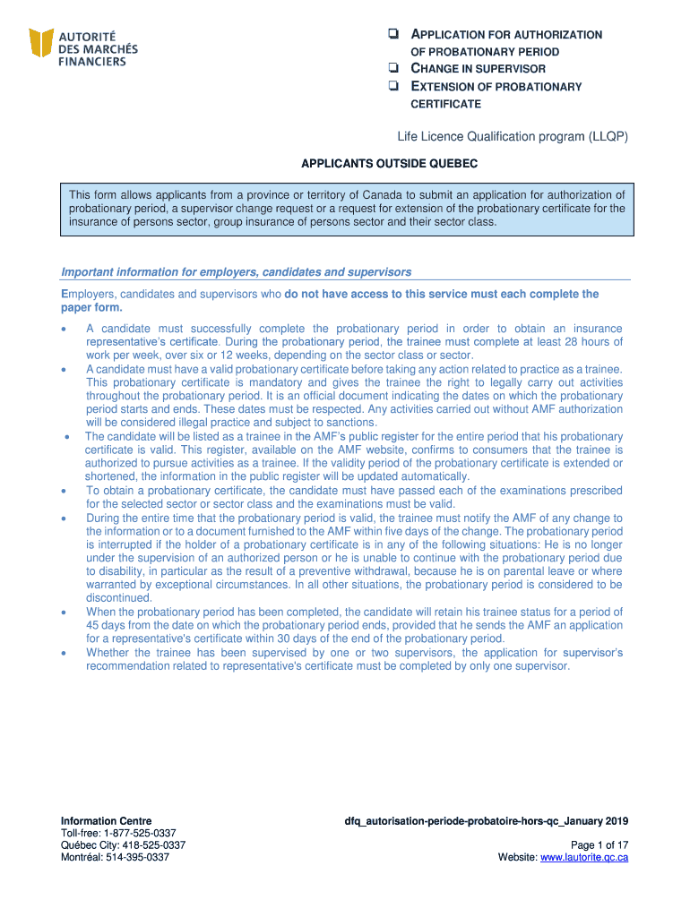 Fillable Online lautorite qc Application for authorization of probationary period, change in ...