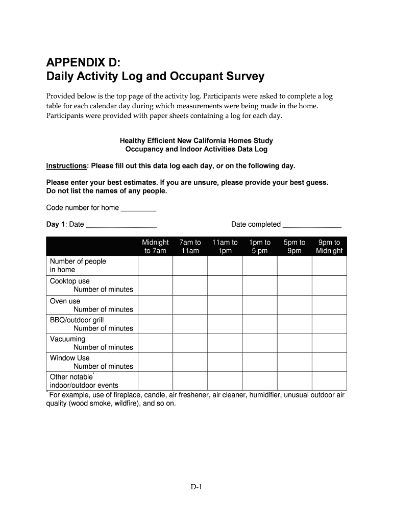 Fillable Online APPENDIX D: Daily Activity Log and Occupant Survey Fax Email Print - pdfFiller
