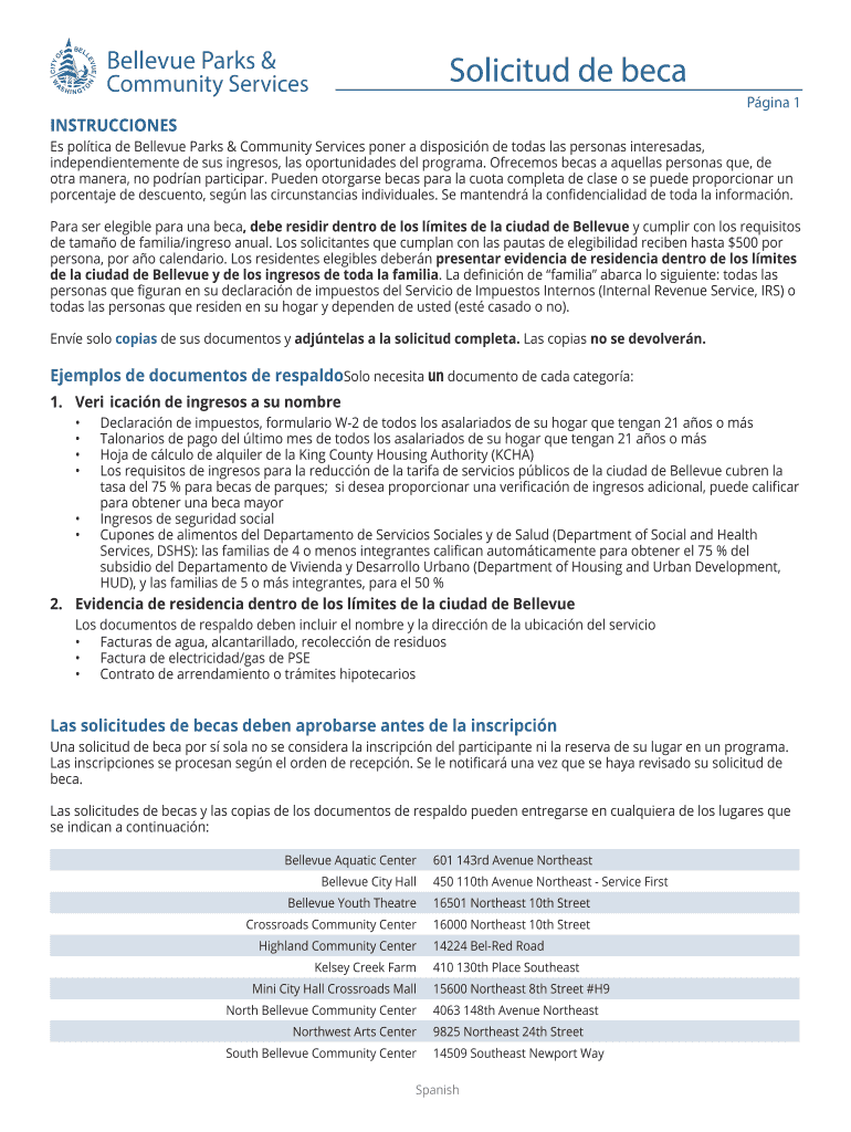 Fillable Online Es poltica de Bellevue Parks & Community Services poner a disposicin de todas ...