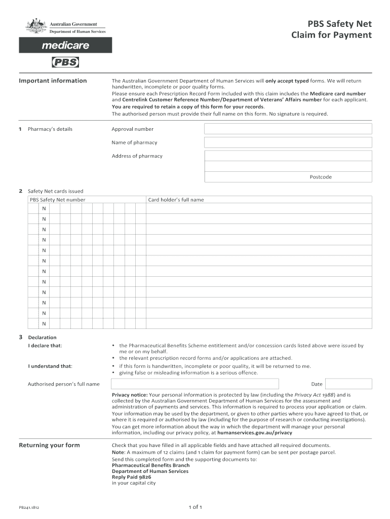 Fillable Online PBS Safety Net claim for payment form (PB241 ...