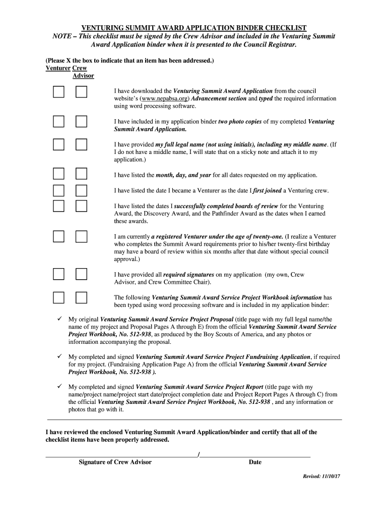 Fillable Online VENTURING SUMMIT AWARD APPLICATION BINDER CHECKLIST Fax ...
