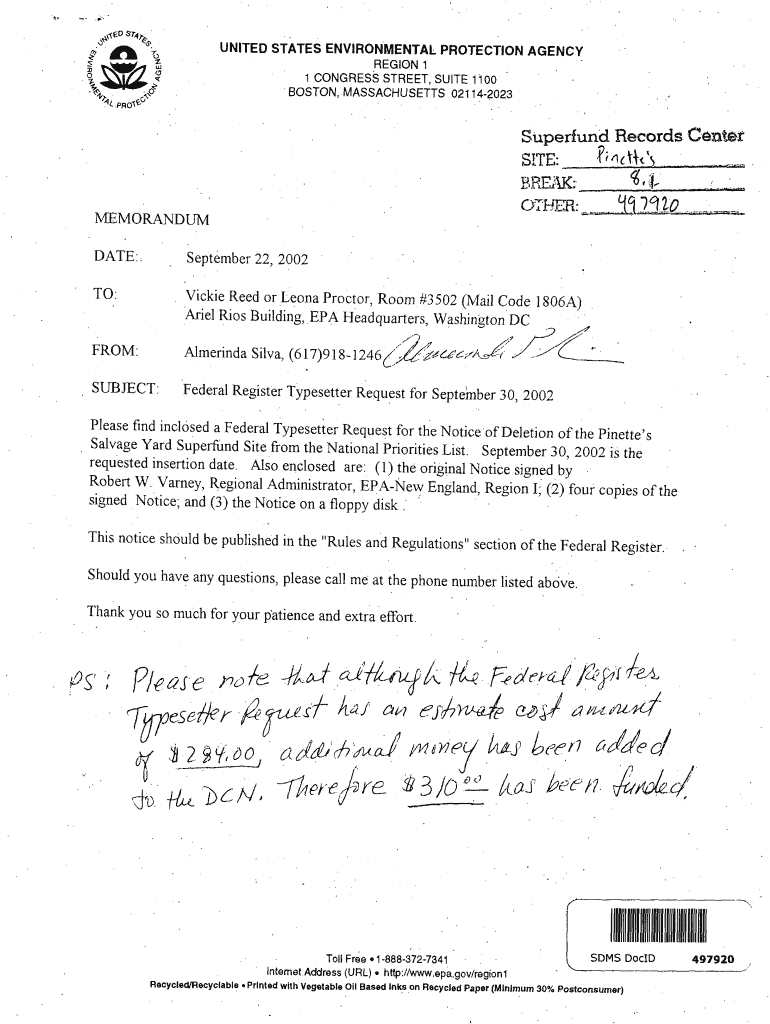 Fillable Online MEMO REGARDING FEDERAL REGISTER TYPSETTER REQUEST ...