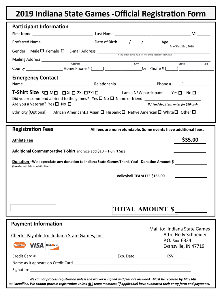 Fillable Online 2019 Indiana State Games -Official Registration Form ...