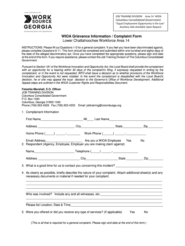 Fillable Online WIOA Grievance Information / Complaint Form Lower ...