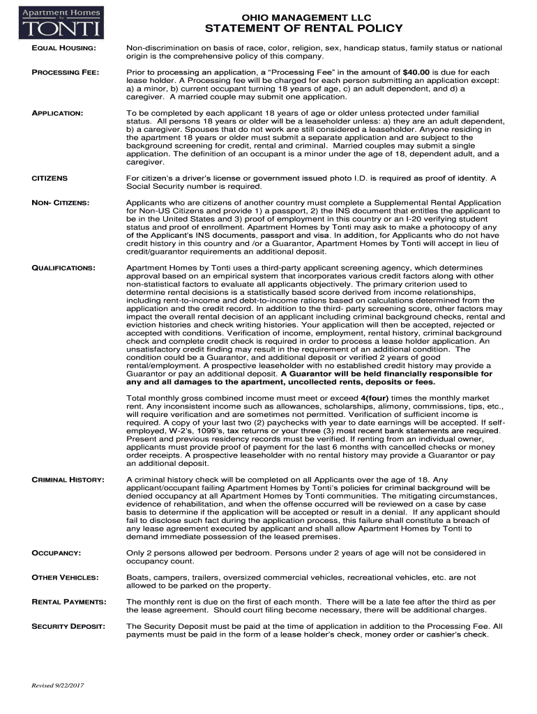 Fillable Online statement of rental policy - Apartment Homes by Tonti ...