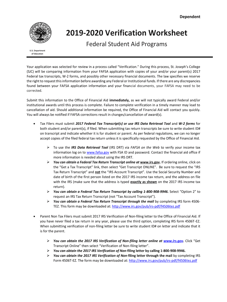 Fillable Online Federal Student Aid Programs 2018-2019 VERIFICATION WORKSHEET ... Fax Email ...