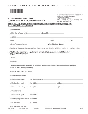 Fillable Online UNIVERSITY OF VIRGINIA HEALTH SYSTEM AUTHORIZATION FOR ...