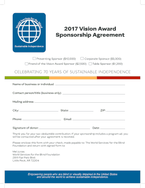 Fillable Online 2017 Vision Award Sponsorship Agreement - World ...