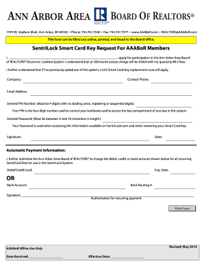 Fillable Online SentriLock Smart Card Key Request For AAABoR Members ...