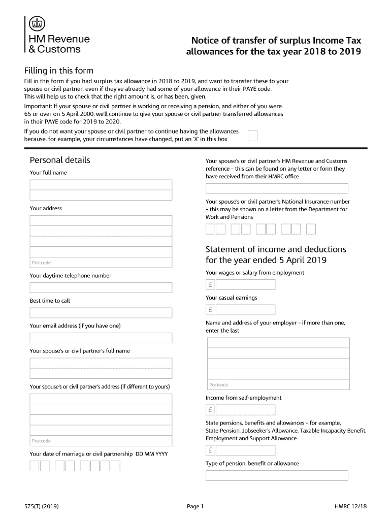 Fillable Online 575T - Notice of transfer of surplus Income Tax ...
