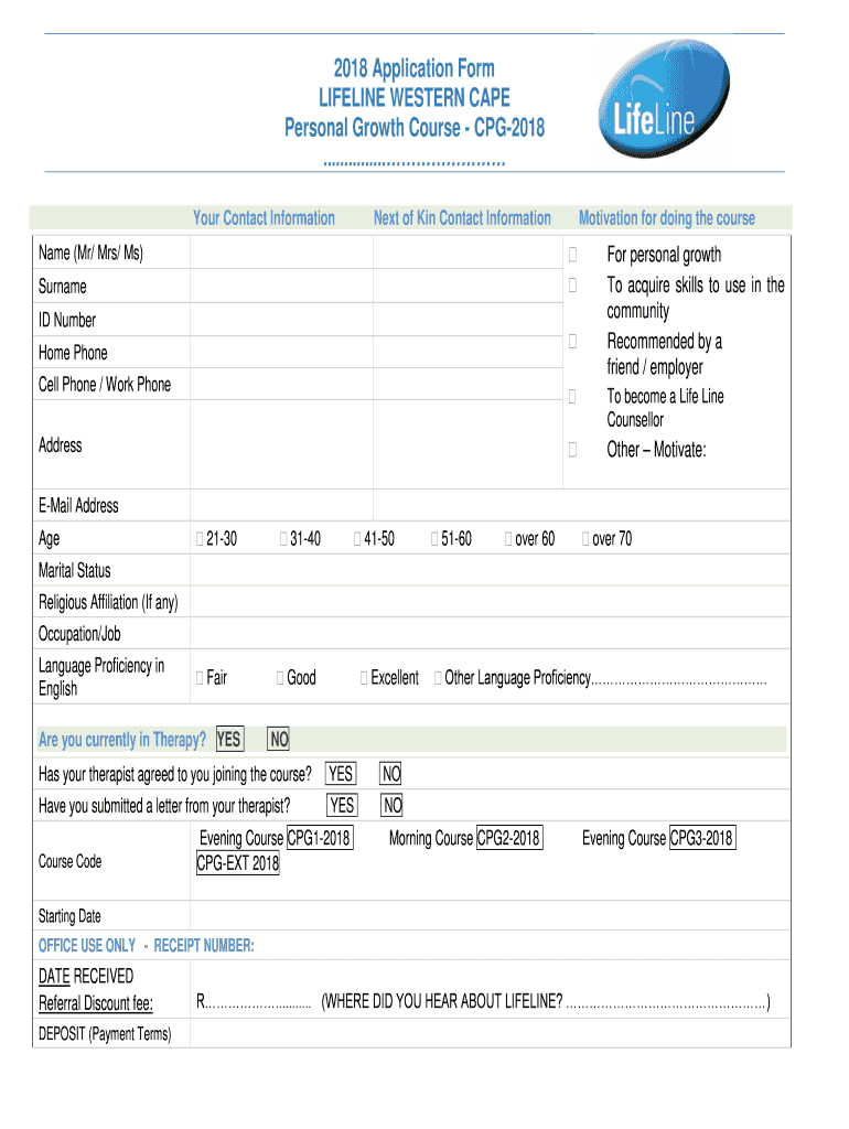 Fillable Online 2018 Application Form LIFELINE WESTERN CAPE Personal ...