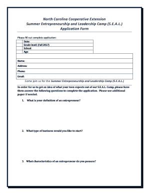 Fillable Online (SEAL) Application Form - Nash County 4-H Fax Email ...