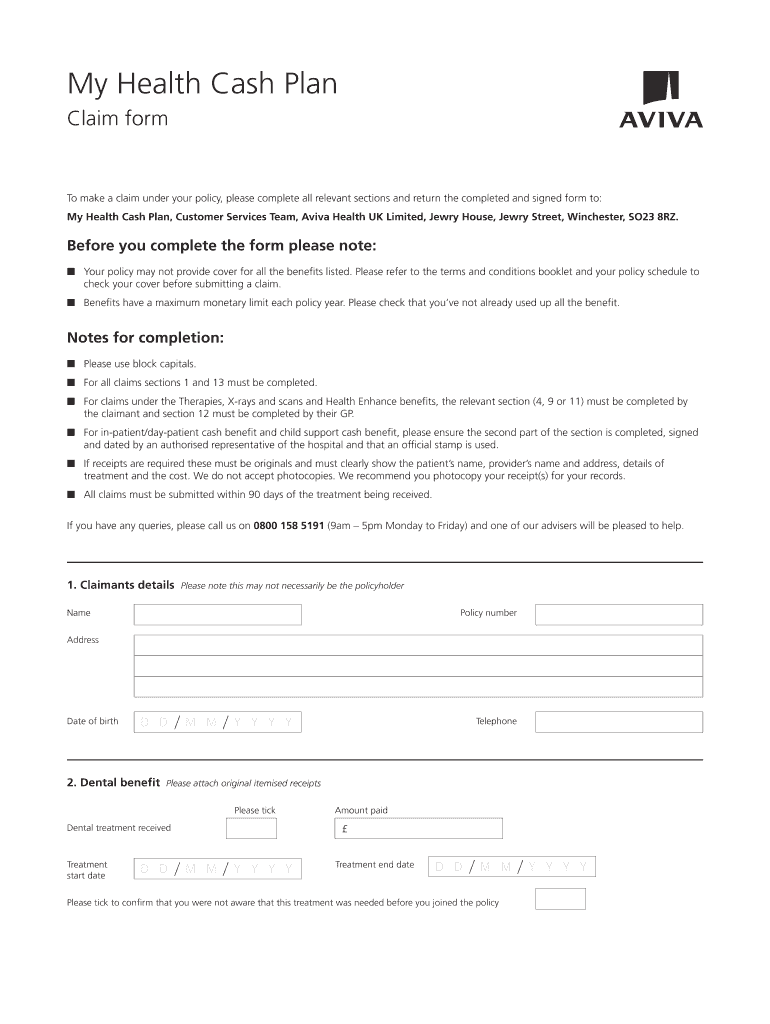 Fillable Online My Health Cash Plan claim form. My Health Cash Plan ...