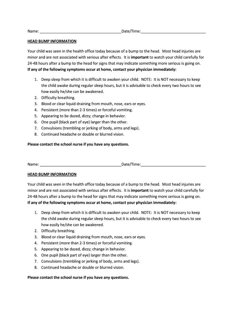 Fillable Online HEAD BUMP INFORMATION Fax Email Print - pdfFiller