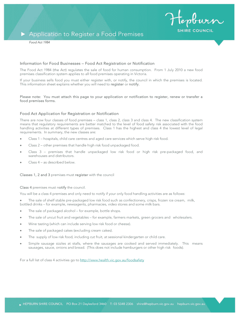Fillable Online Application to Register a Food Premises - Hepburn Shire Council Fax Email Print ...