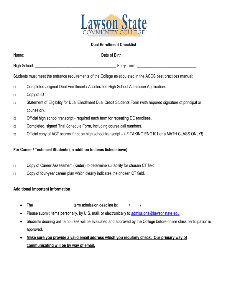 Fillable Online Dual Enrollment Checklist - Lawson State Community ...