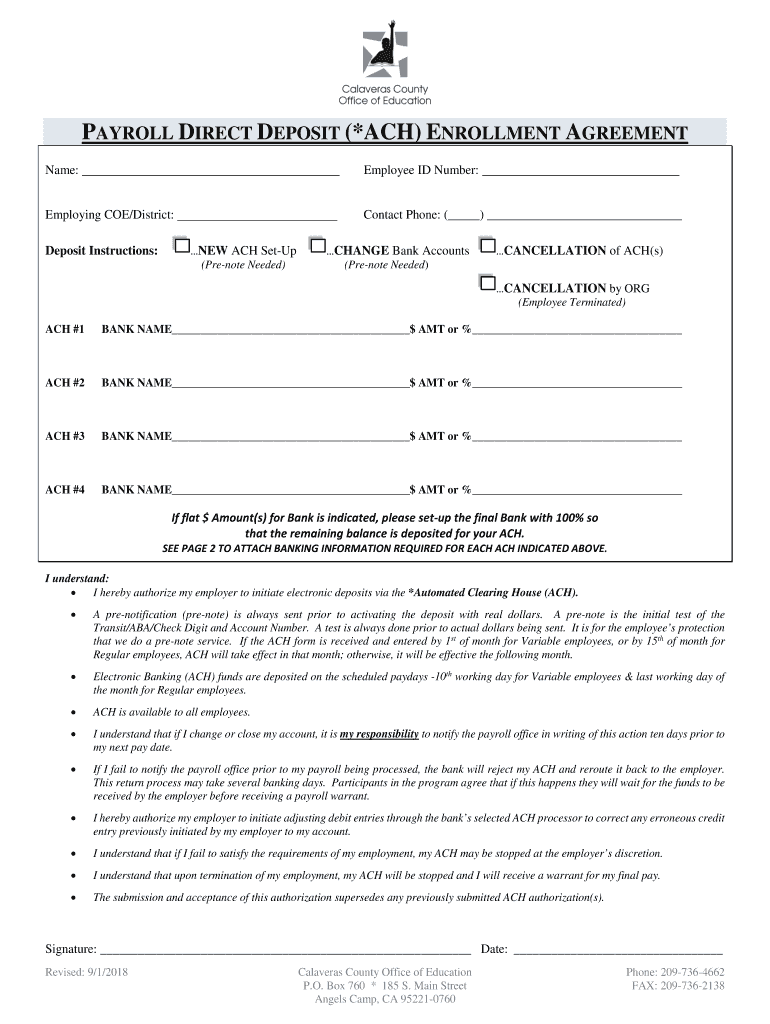 Fillable Online PAYROLL DIRECT DEPOSIT (*ACH) ENROLLMENT AGREEMENT Fax Email Print - pdfFiller