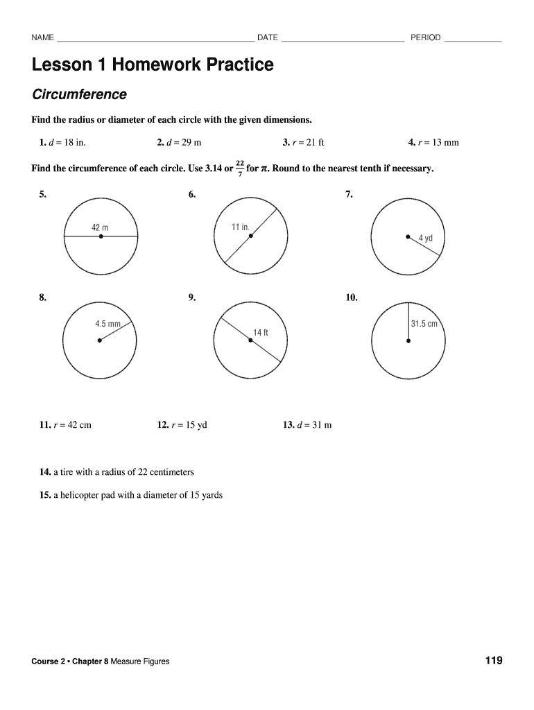 Fillable Online Find the radius or diameter of each circle with the given dimensions Fax Email ...