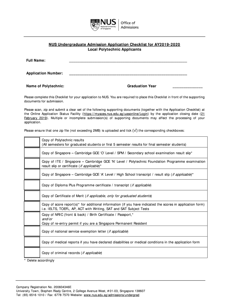 Fillable Online NUS Undergraduate Admission Application Checklist for ...