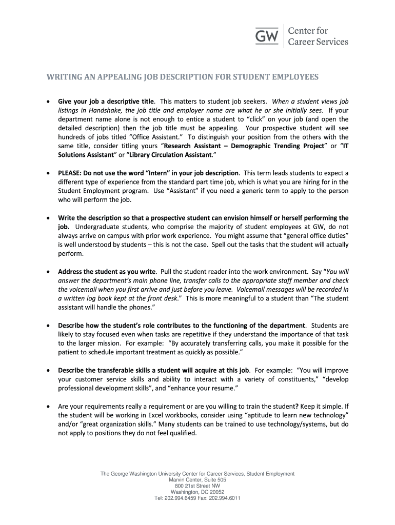 Fillable Online Campus Job Description Template for Student Employee ...