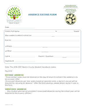 Fillable Online Absence Excuse Form - Highland Bluff Elementary Fax ...