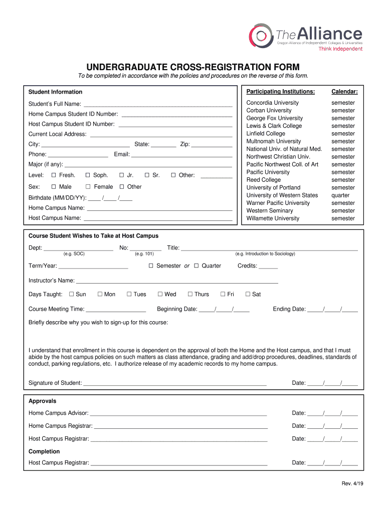 Fillable Online UNDERGRADUATE CROSS-REGISTRATION FORM Fax Email Print ...